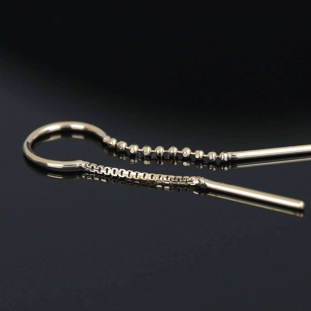 14K Solid Gold Dual Chain Hoop Threader • Gold Chain Hoop Earring ...