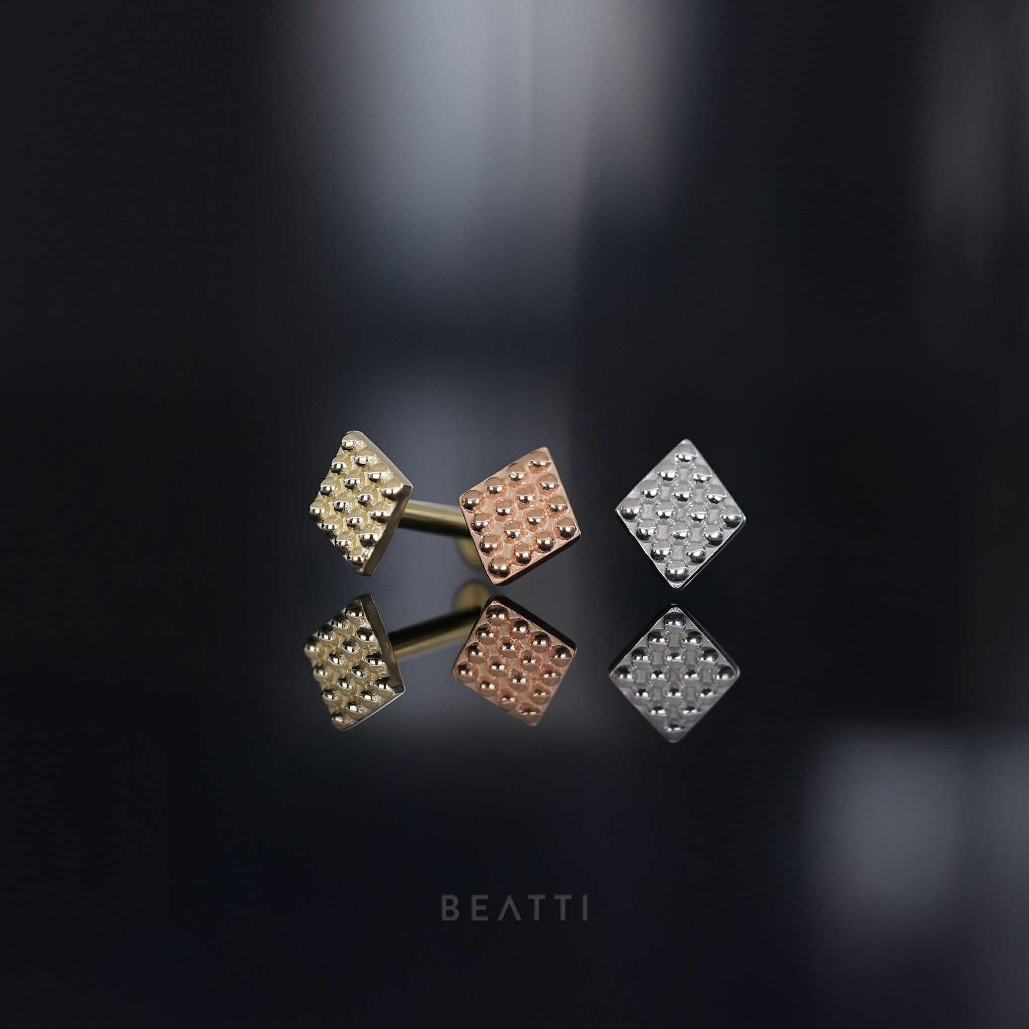 14K Gold Rhombus Flat Back Stud • Beaded Texture • Threadless Push Pin ...