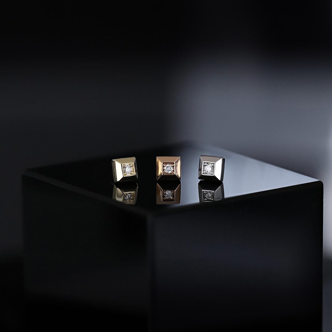 14K Gold Mini Square Genuine Diamond Threadless End - Etsy