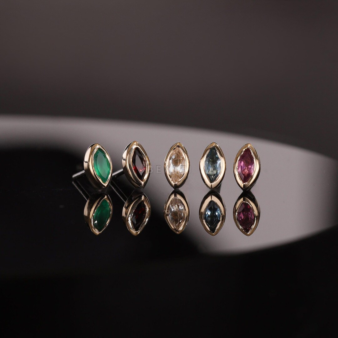 Etta • 14K Gold Tiny Marquise Gemstone Stud • Natural Gemstone Flat Back Studs With Titanium ...