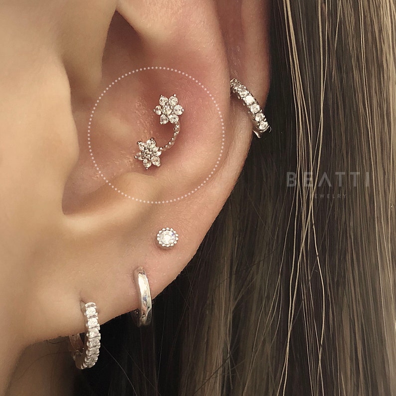 Double Flower Cartilage Earring Conch Earring Conch | Etsy