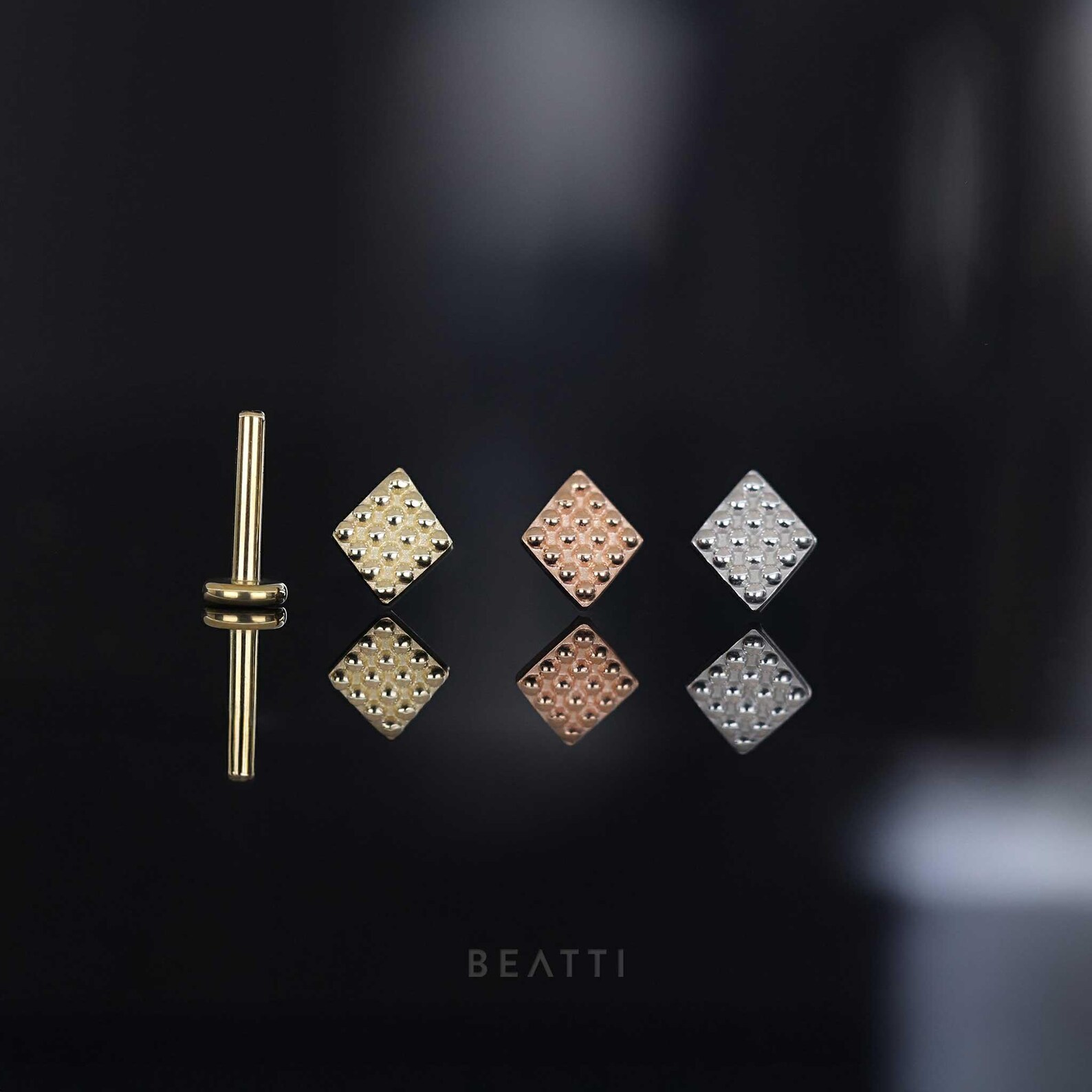 14K Gold Rhombus Flat Back Stud • Beaded Texture • Threadless Push Pin ...