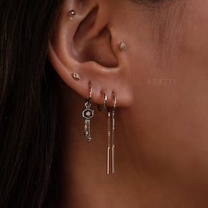 14K Solid Gold Brillcut Hoop Chain Threader • Gold Chain Hoop Earring ...