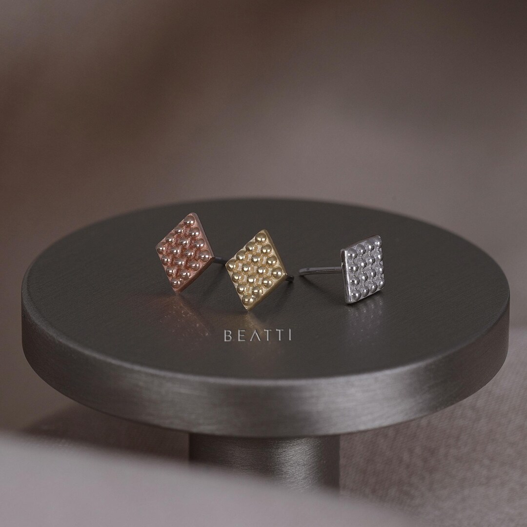 NEW ‣ 14k Gold Beaded Textured Rhombus Flat Back Stud • Gold Rhombus ...