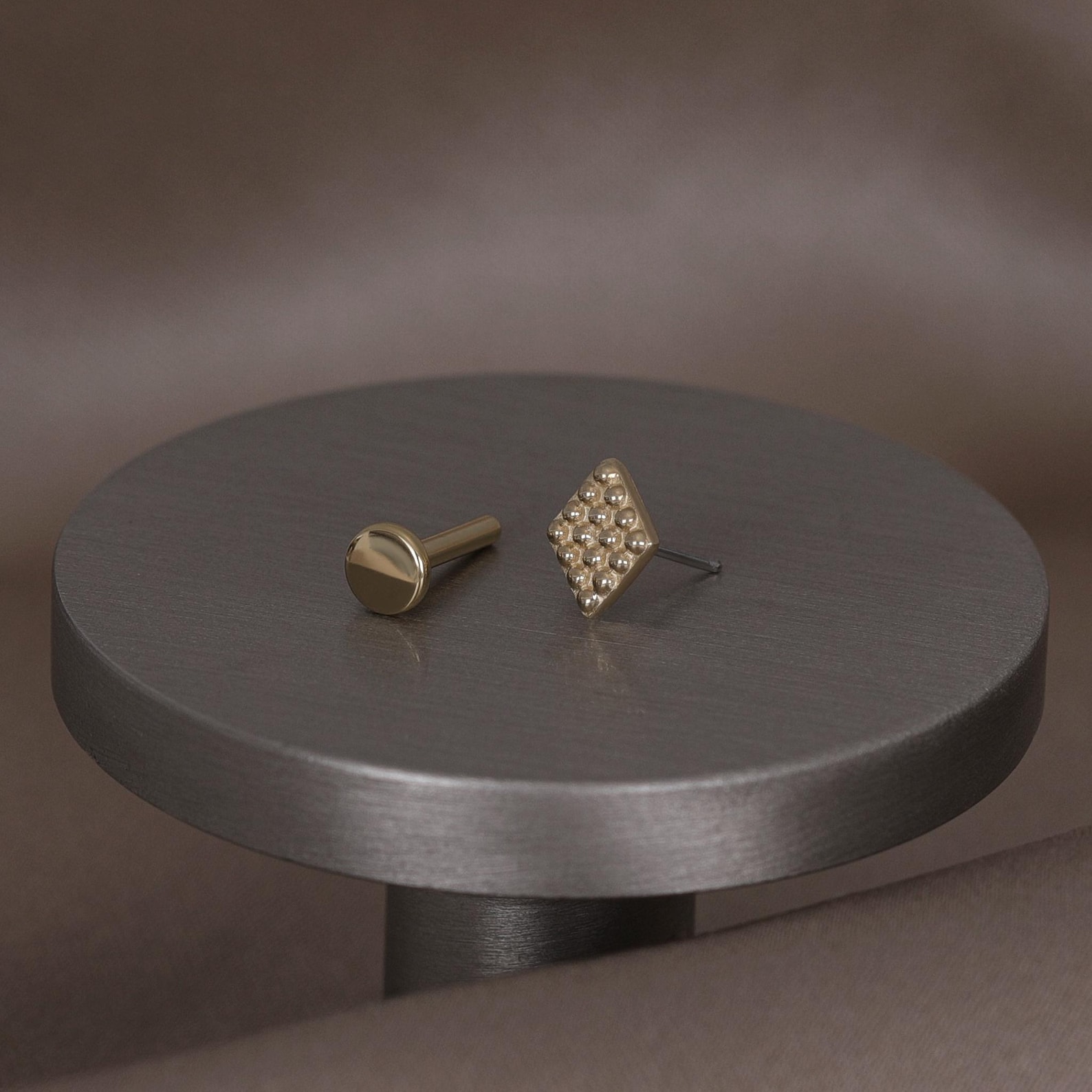 14K Gold Rhombus Flat Back Stud • Beaded Texture • Threadless Push Pin ...