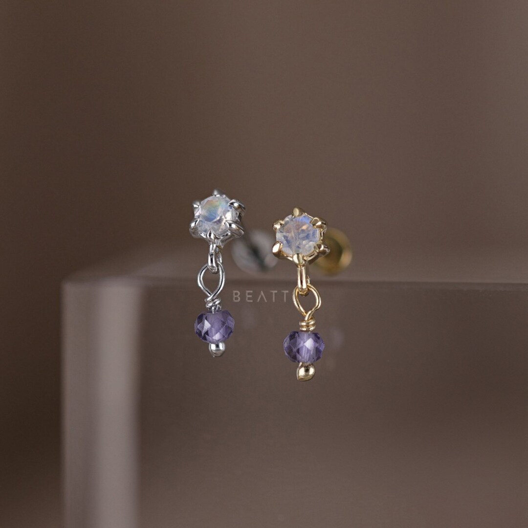 Gemstone Dangle Charm Flat Back Stud • 925 Silver, 14K Gold Vermeil ...