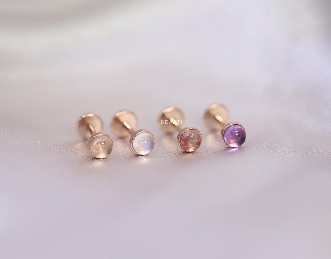 NEW Tiny Natural Gemstone Rosegold Threadless Push Pin Labret Pinkish Gemstones Cartilage ...