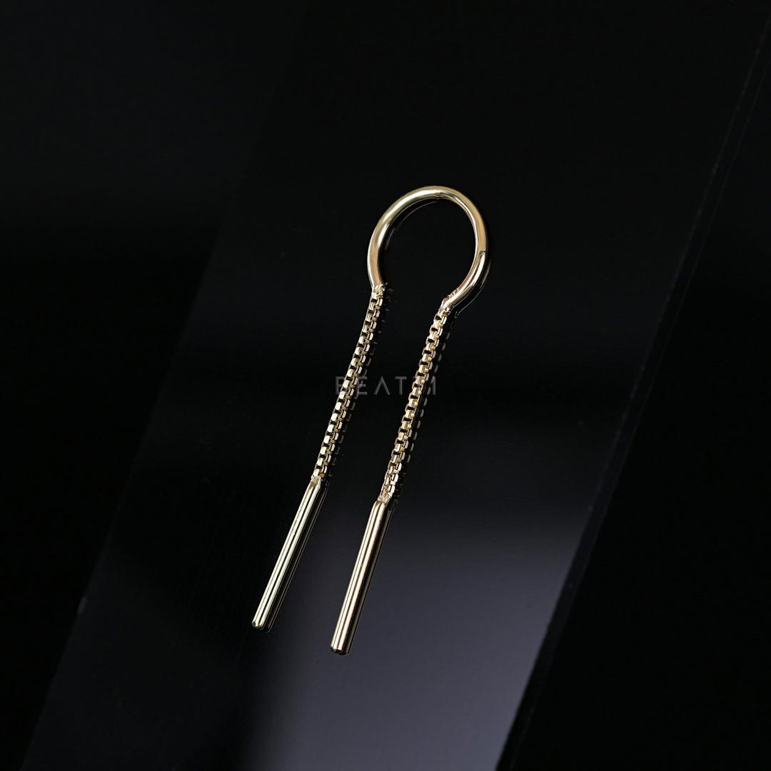 14K Solid Gold Brillcut Hoop Chain Threader • Gold Chain Hoop Earring ...