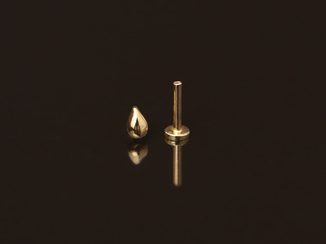 NEW ‣ 14K Solid Gold Dainty Teardrop Labret Stud • 18G 14K Gold ...