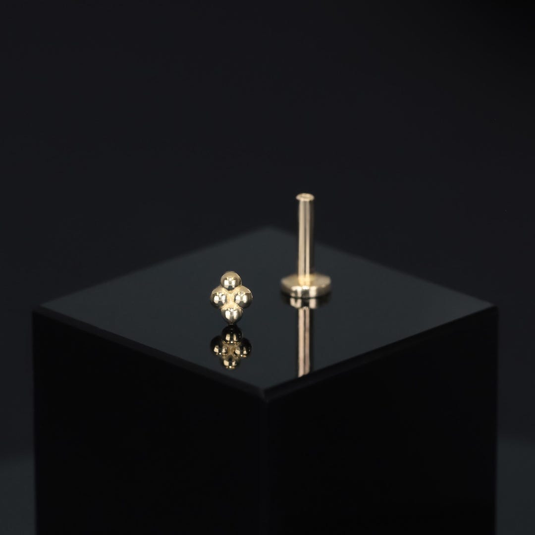 NEW ‣ 14K Solid Gold ∙ Tiny Quad Bead Internally Threaded Labret • Flat ...