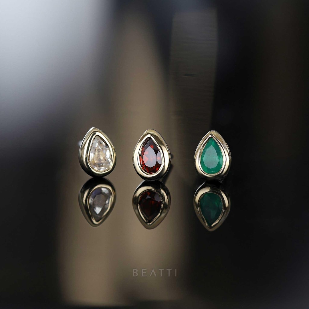 Emma • Tiny Teardrop Gemstone Threadless Flat Back Earring • Push Pin ...