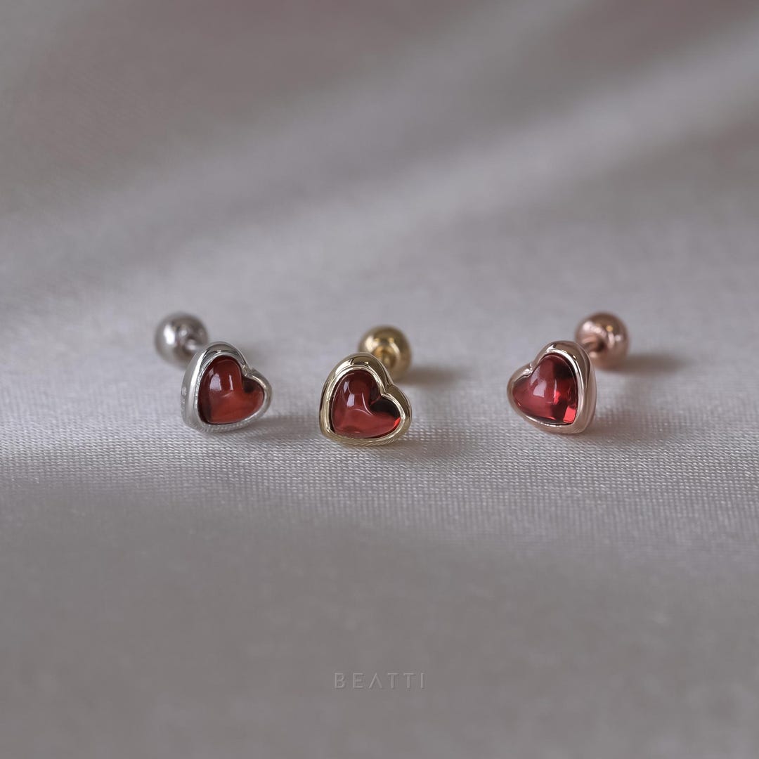 NEW ‣ Cora • Heart Shaped Natural Gemstone Barbell • Garnet Piercing ...