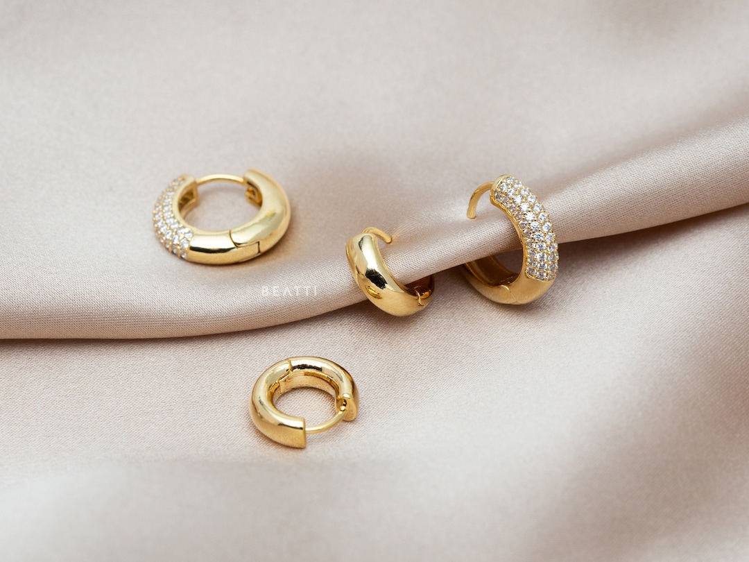 NEW Mini Bold Huggie Hoops 14K Gold Plated Chunky Huggie Hoops Ice Pave ...