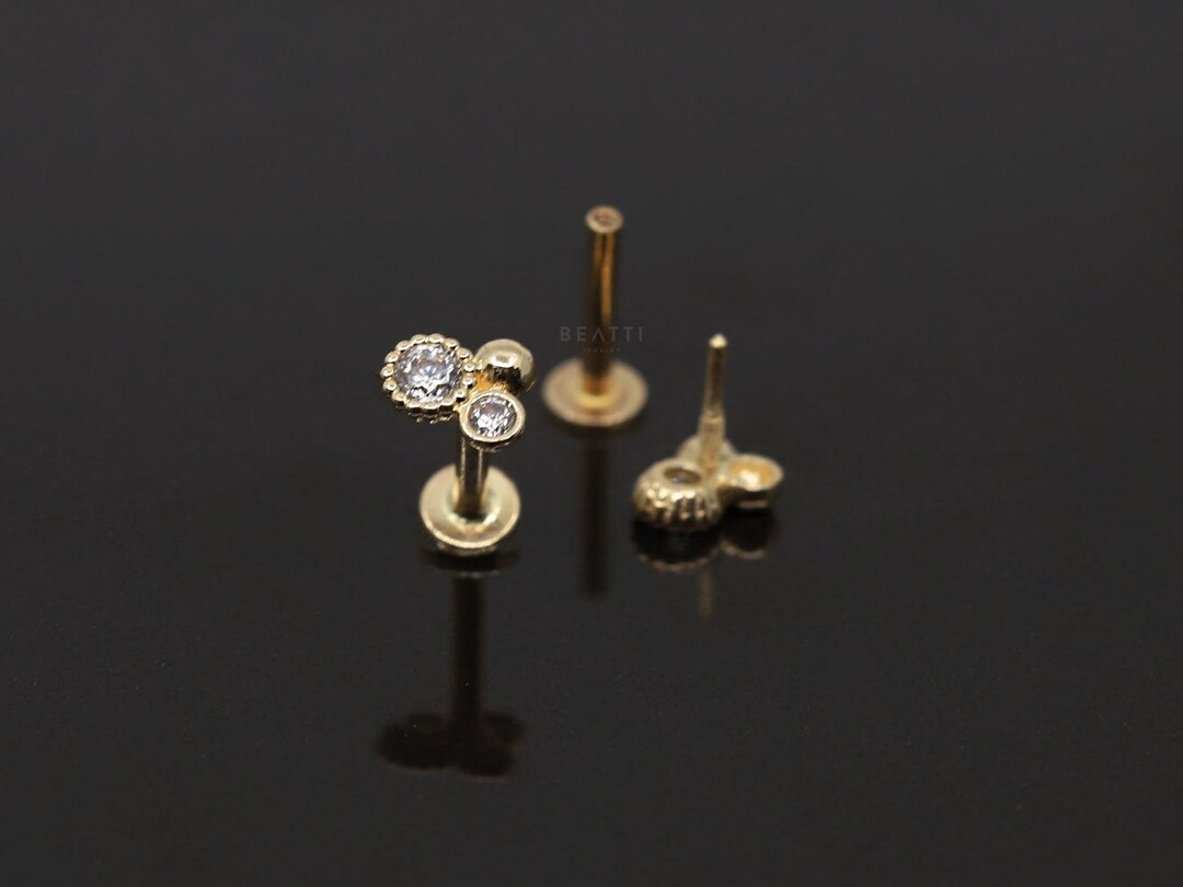 14K Solid Gold • Tiny Triple Stud Internally Threaded • 18G Tragus Stud ...