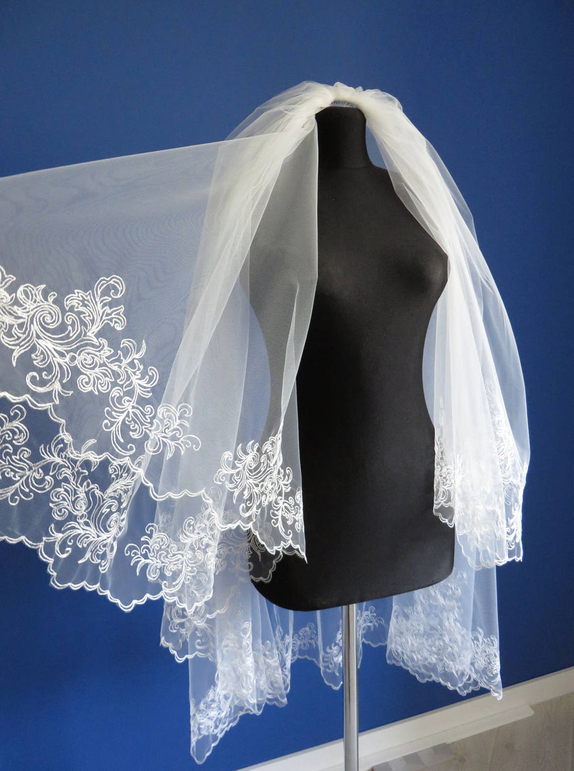 Two Layer Embroidered Wedding Veil Two Tier Bridal Veil Lace - Etsy