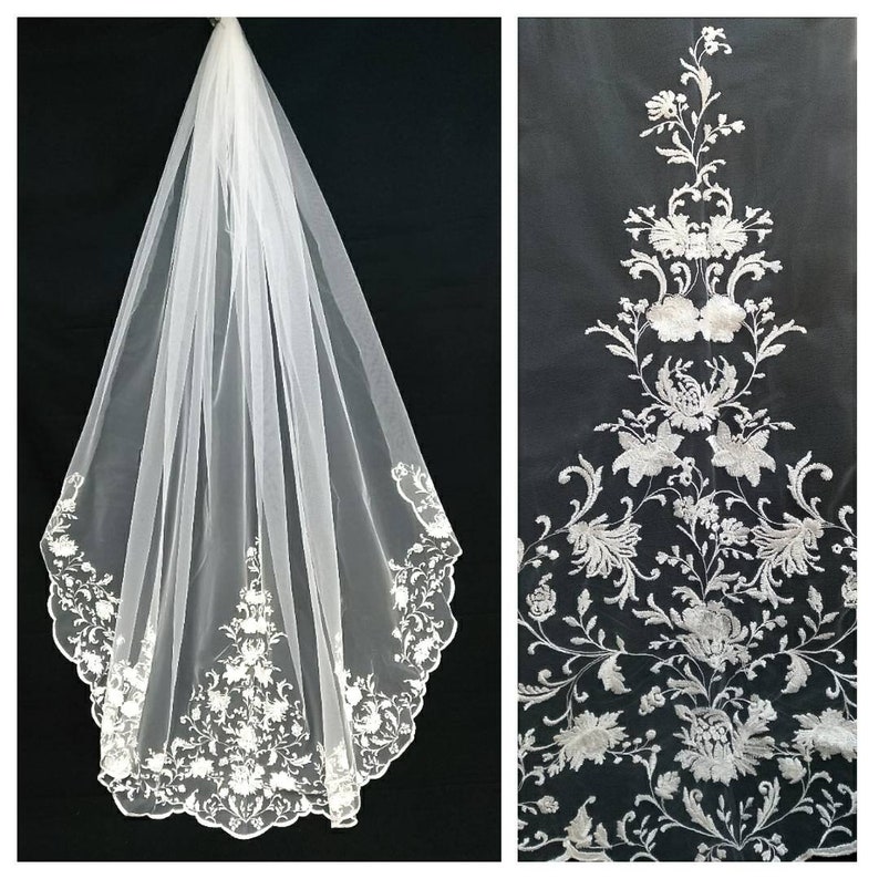 Partially Embroidered Bridal Veil With Flowers Single Tier | Etsy