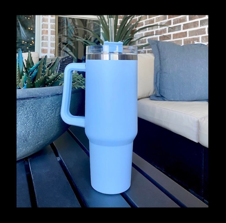 40oz Light Blue Matte Tumbler: Travel Mug With Handle & Straw - Etsy