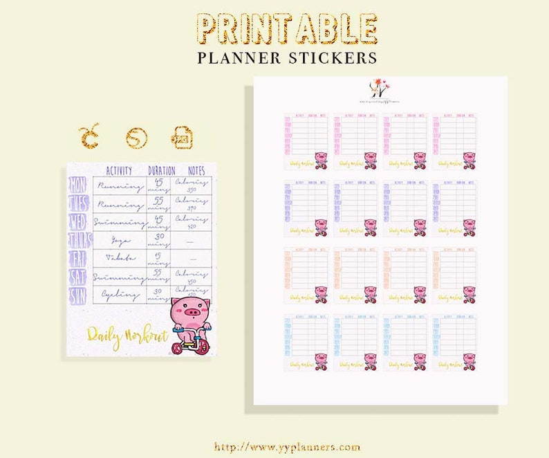 Printable Daily Workout Stickers, Workout Tracker, Cute Stickers Diet ...