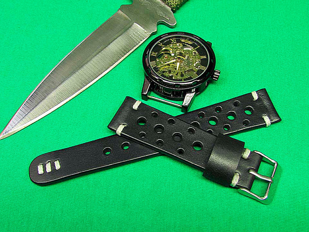 Handmade Black Leather Rally Watch Strap 24mm, 22mm, 20mm, 18mm ...