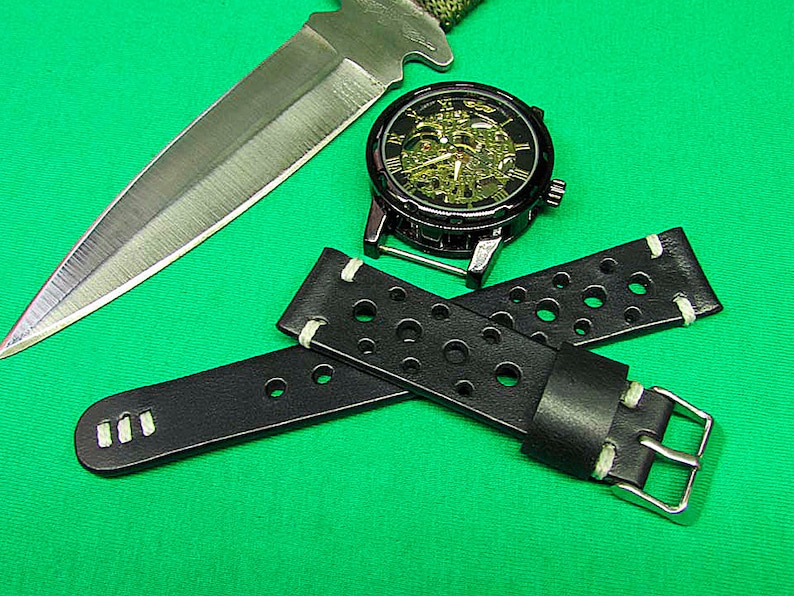 Handmade Black Leather Rally Watch Strap 24mm 22mm 20mm | Etsy