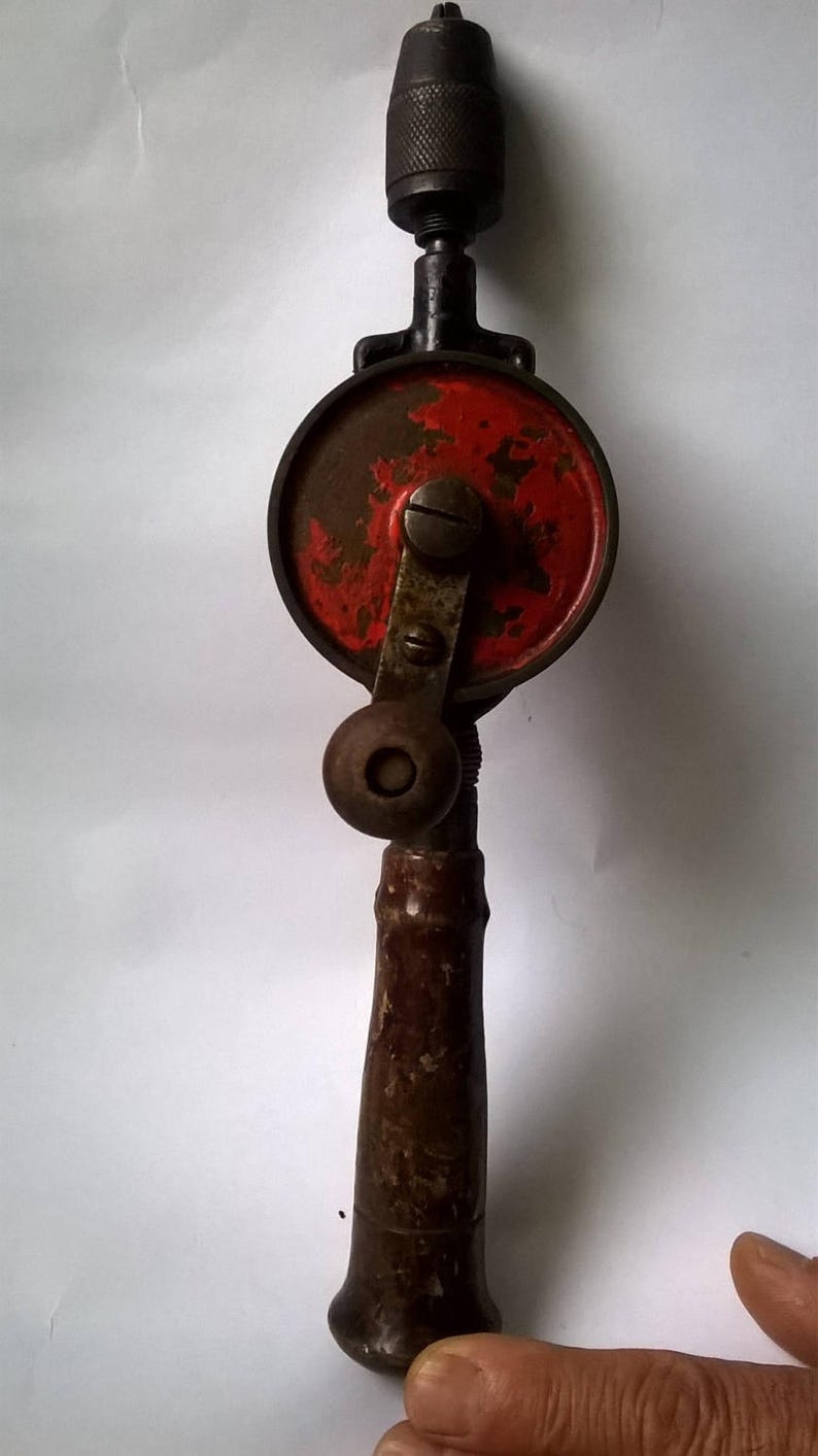 French Vintage Hand Drill Turned Wood and Metal Enamelled Antique Drill ...