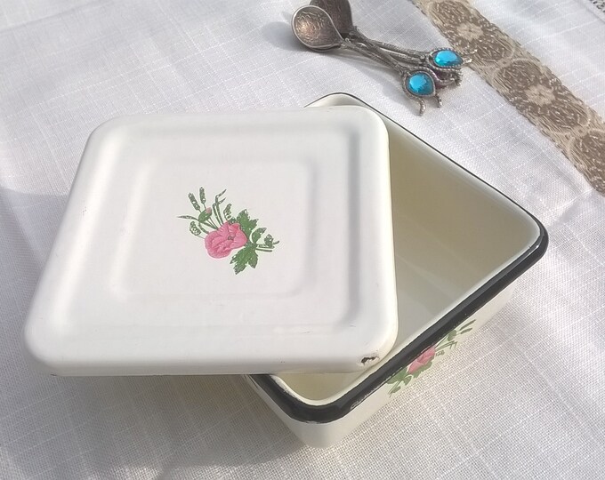 Vintage Enameled Box/enamel Container With Lid/metal Storage - Etsy