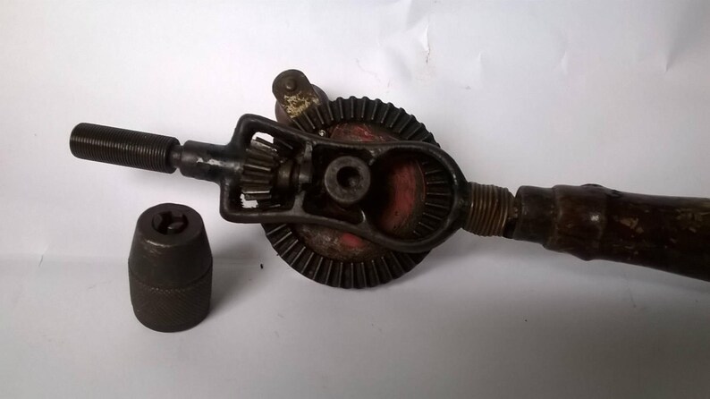 French Vintage Hand Drill Turned Wood and Metal Enamelled Antique Drill ...