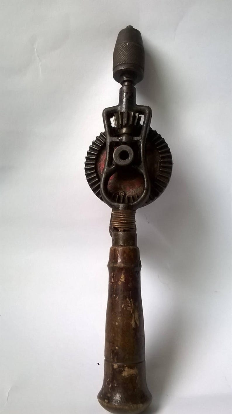 French Vintage Hand Drill Turned Wood and Metal Enamelled Antique Drill ...