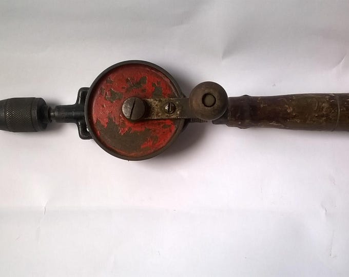 French Vintage Hand Drill Turned Wood and Metal Enamelled Antique Drill ...