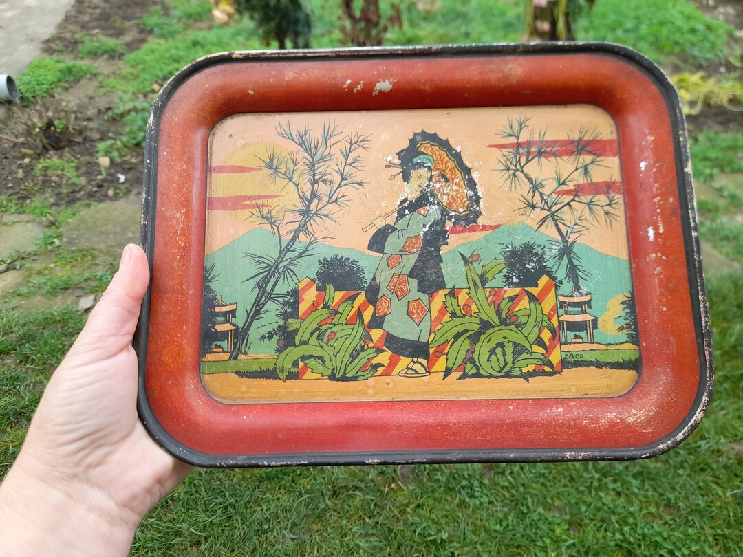 Vintage Tin Tray/vintage Tin Japanese Motifs Tray/rustic Tin Tray ...