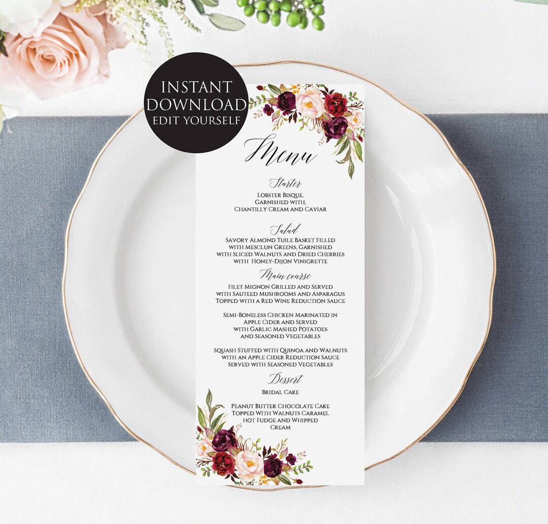 Floral Menu Template Floral Wedding Menu Floral Menu Cards - Etsy