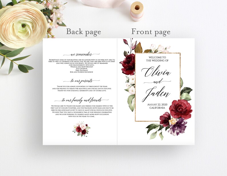 Burgundy Folded Program Template Fully Editable Order of - Etsy