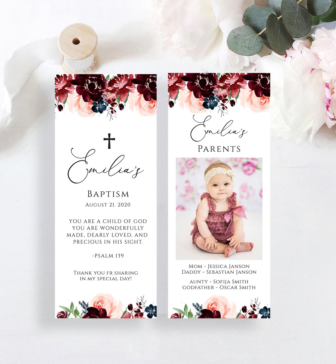 Navy Baptism Bookmark Template, Bookmark Baptism Favor, Girl Baptism ...