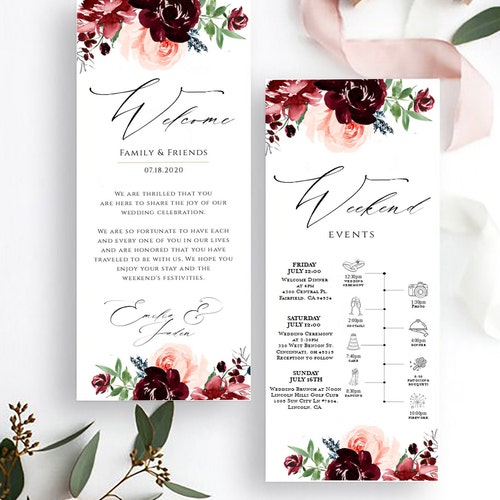 Wedding Program Template Elegant Burgundy Floral Editable - Etsy
