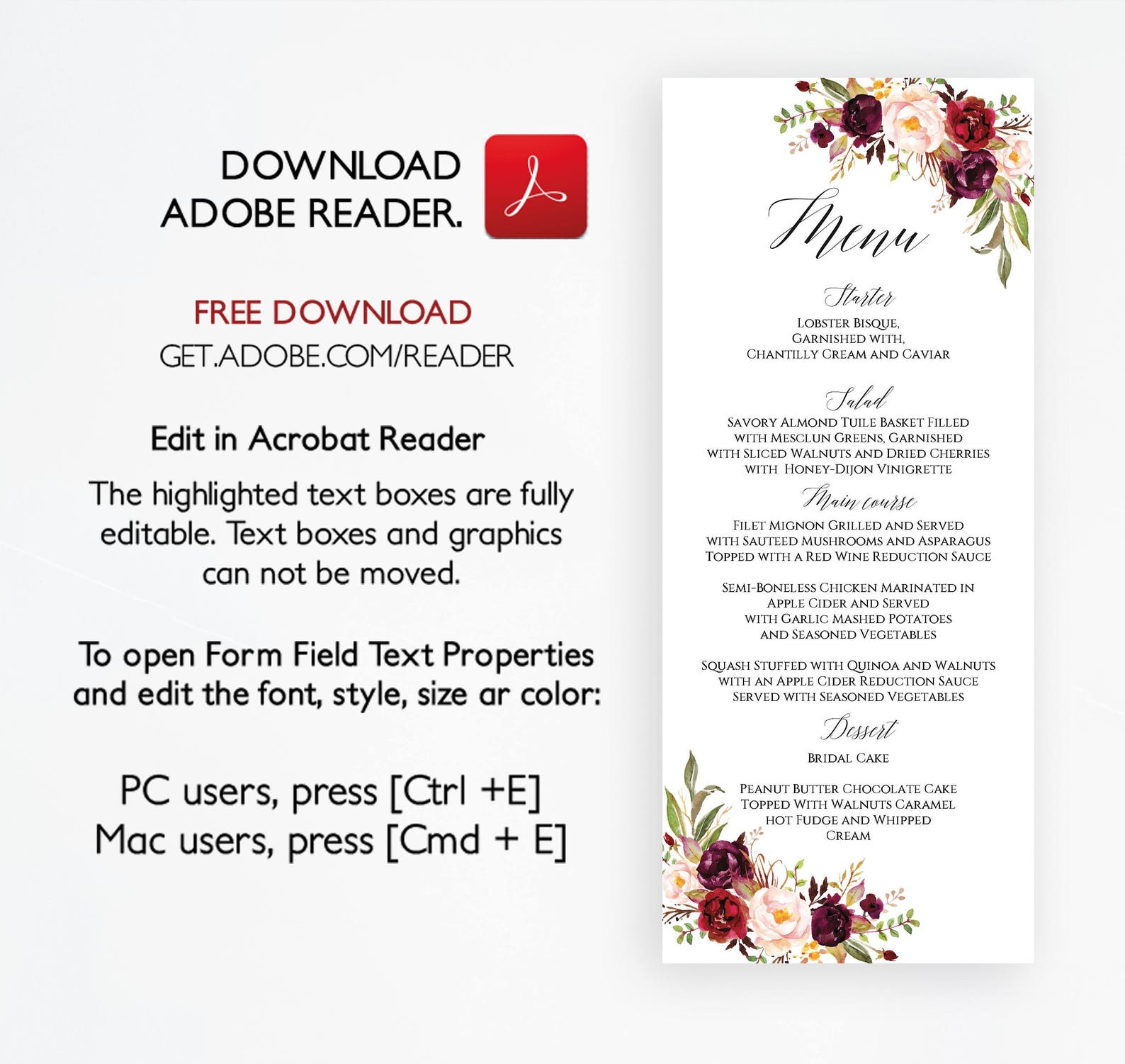 Floral Menu Template Floral Wedding Menu Floral Menu Cards - Etsy