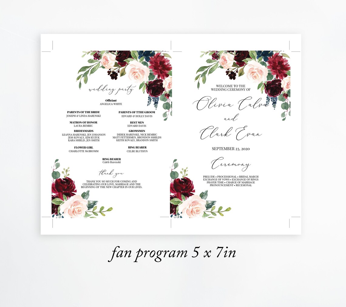 Burgundy Fan Program Template Fan Wedding Program Ceremony - Etsy
