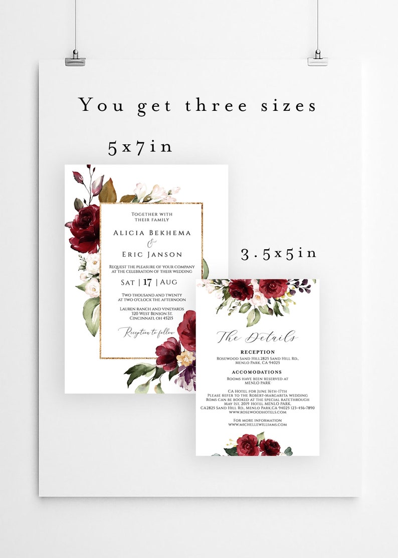 Burgundy Wedding Invitation Template Set Wedding Invitation - Etsy