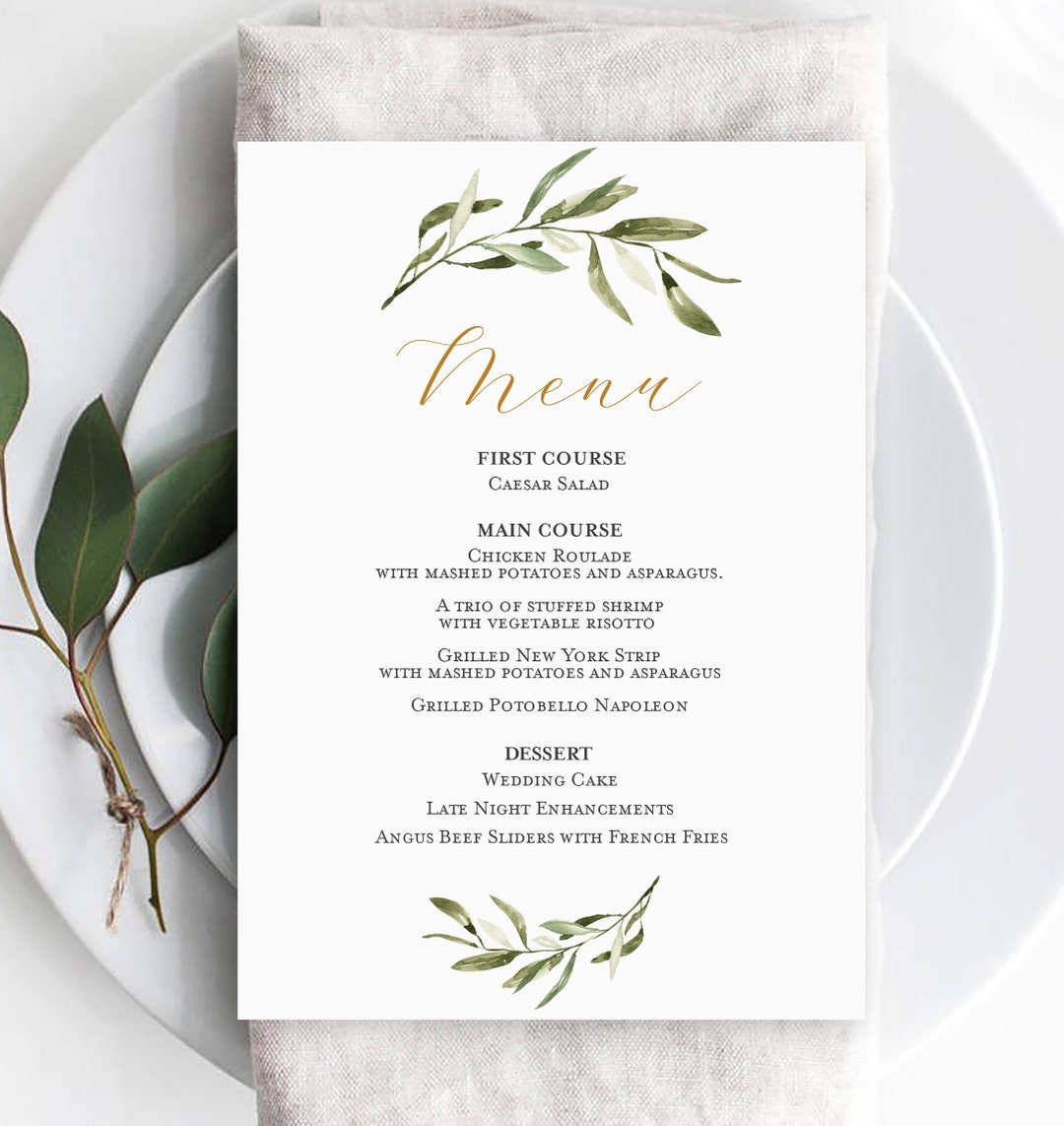 Green and Gold Menu Cards Template Full Edit Menu Wedding - Etsy