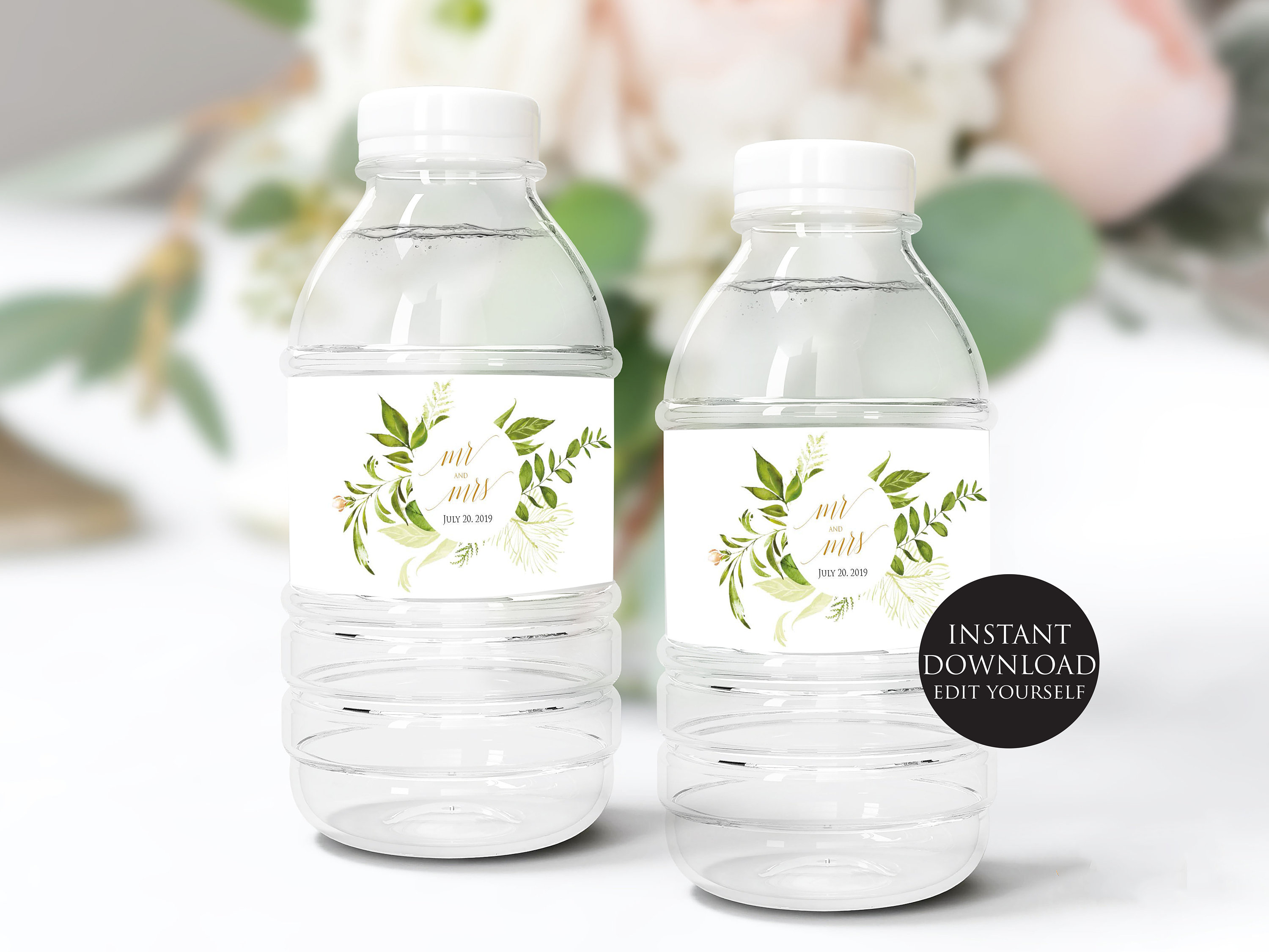 Water Bottle Label Green Floral Water Bottle Labels DIY | Etsy