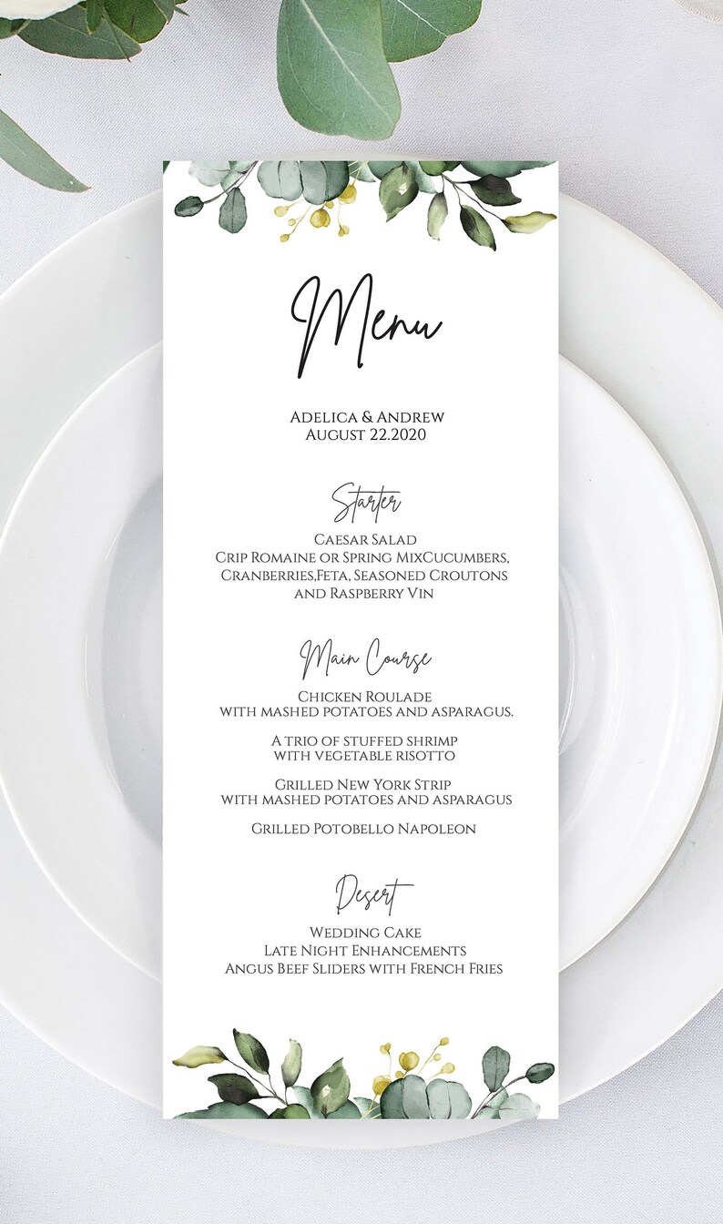 Greenery Menu Template Wedding Dinner Menu Greenery | Etsy