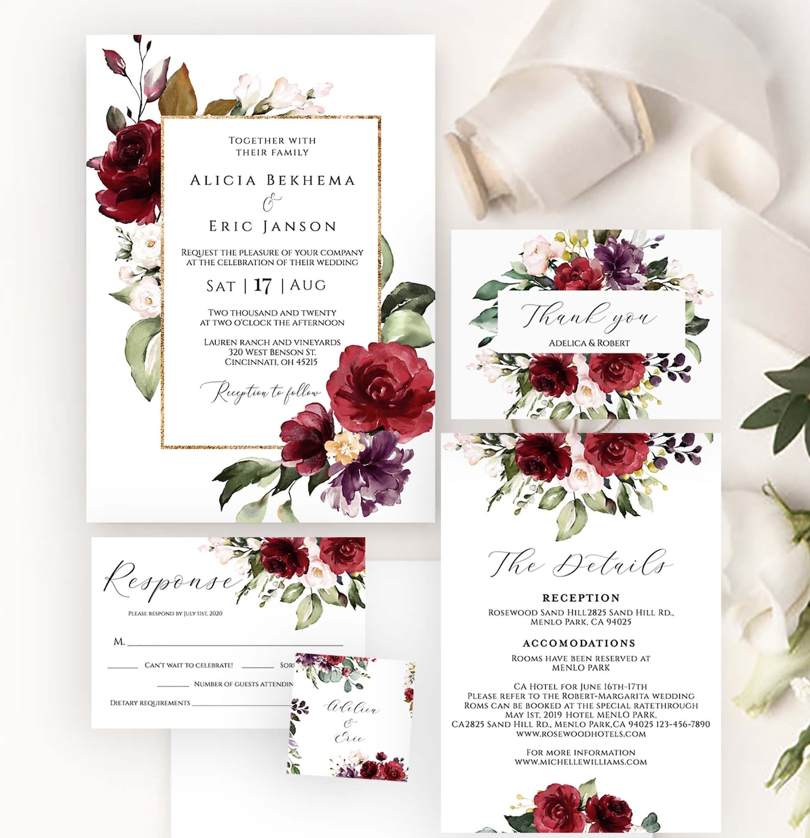 Burgundy Wedding Invitation Template Set Wedding Invitation - Etsy