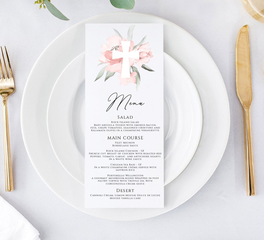 Baptism Menu Cards Template, Pink Baptism Menu, Christening Menu, First ...