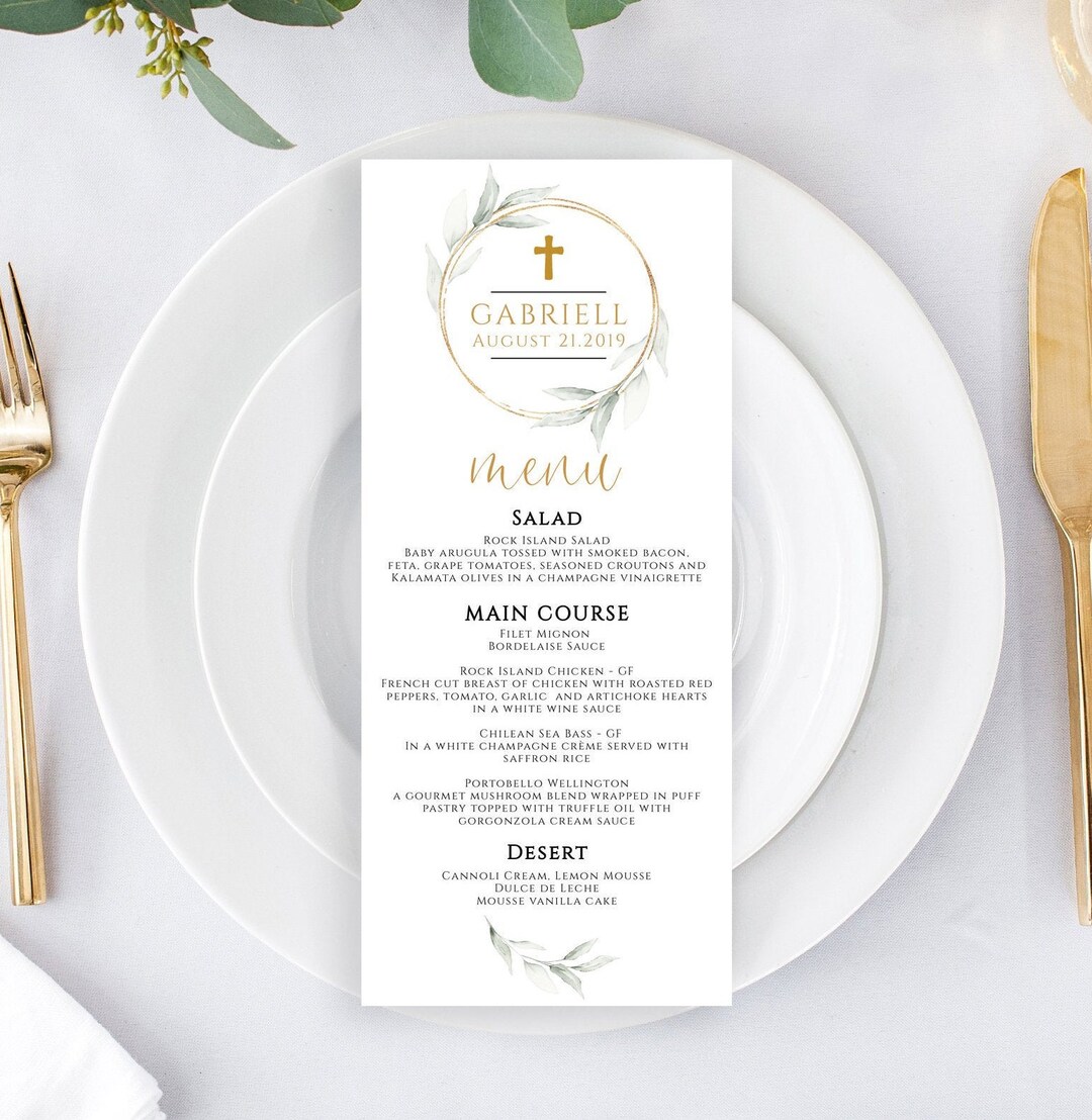 Boys Baptism Menu Template, Greenery and Gold Baptism Dinner Menu ...