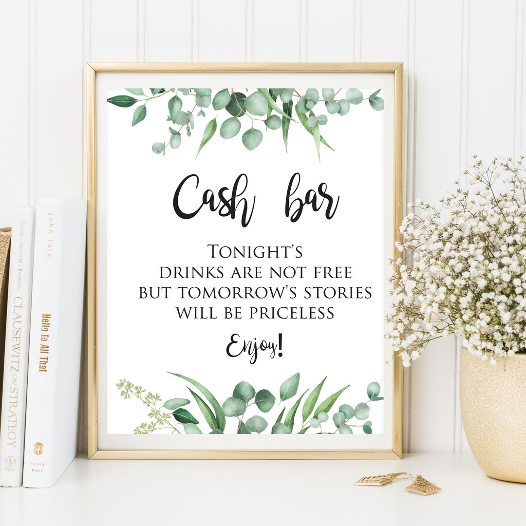 Chic Bar Signs Template, Greenery Cash Bar, Cash Bar Sign, Printable ...