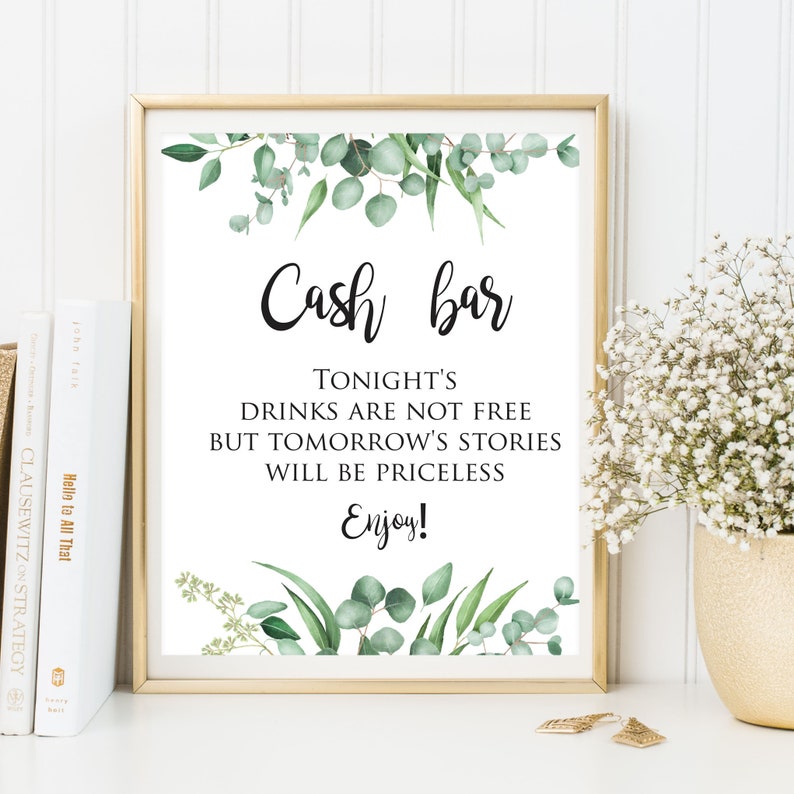 Chic Bar Signs Template Greenery Cash Bar Cash Bar Sign - Etsy