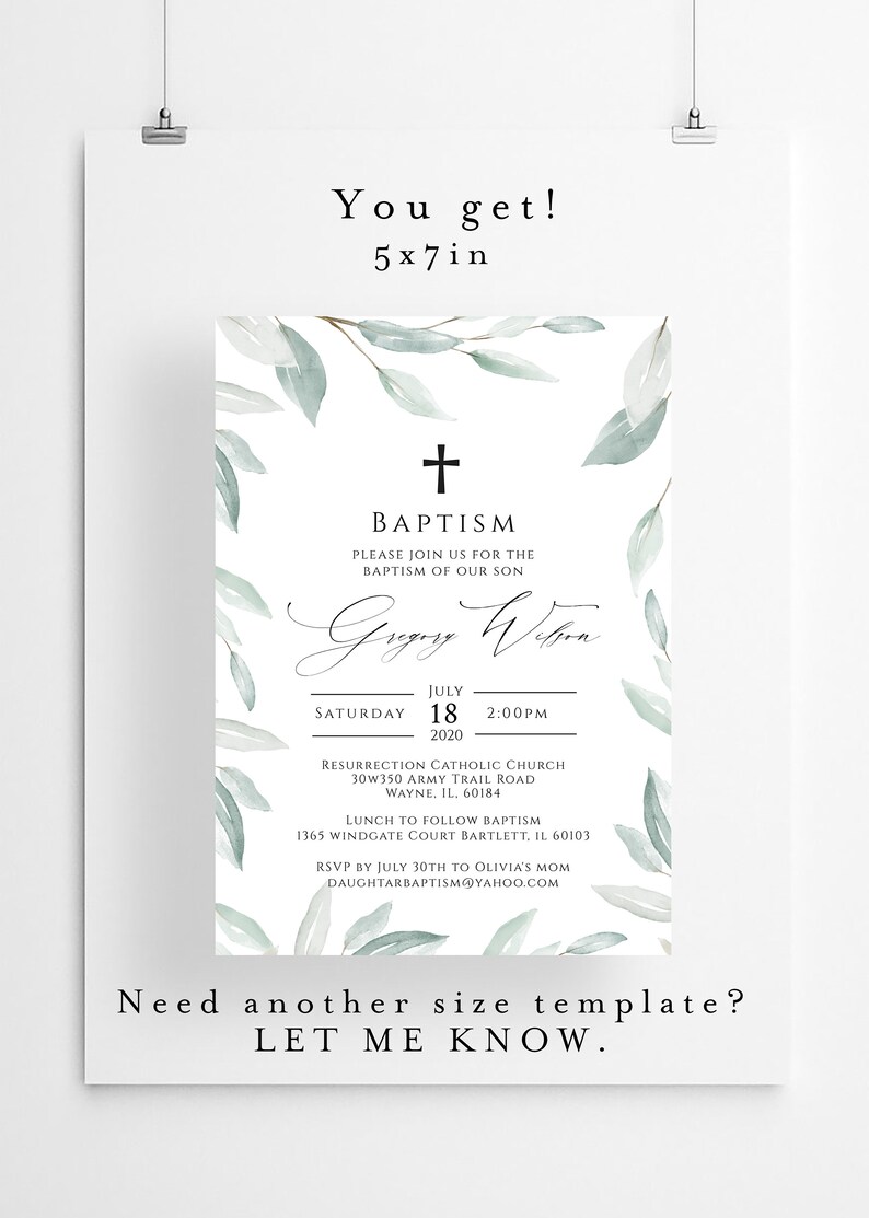 Greenery Baptism Invitation Template Editable Boy Baptism - Etsy