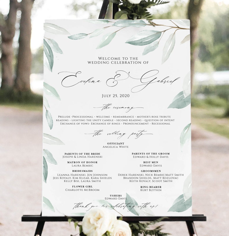 Green Program Poster template Wedding Program Board Template | Etsy