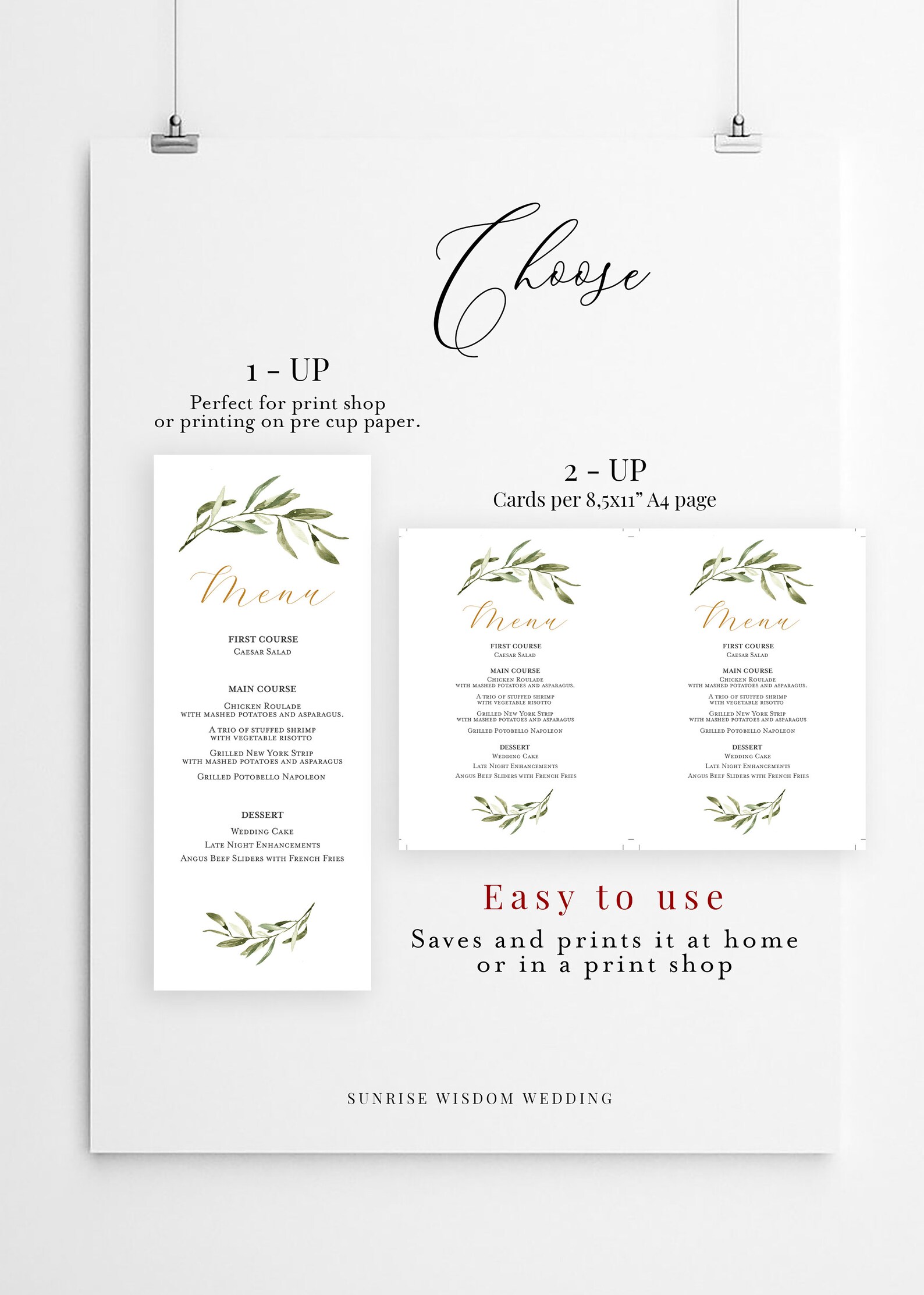 Green and Gold Menu cards Template Full edit menu Wedding | Etsy