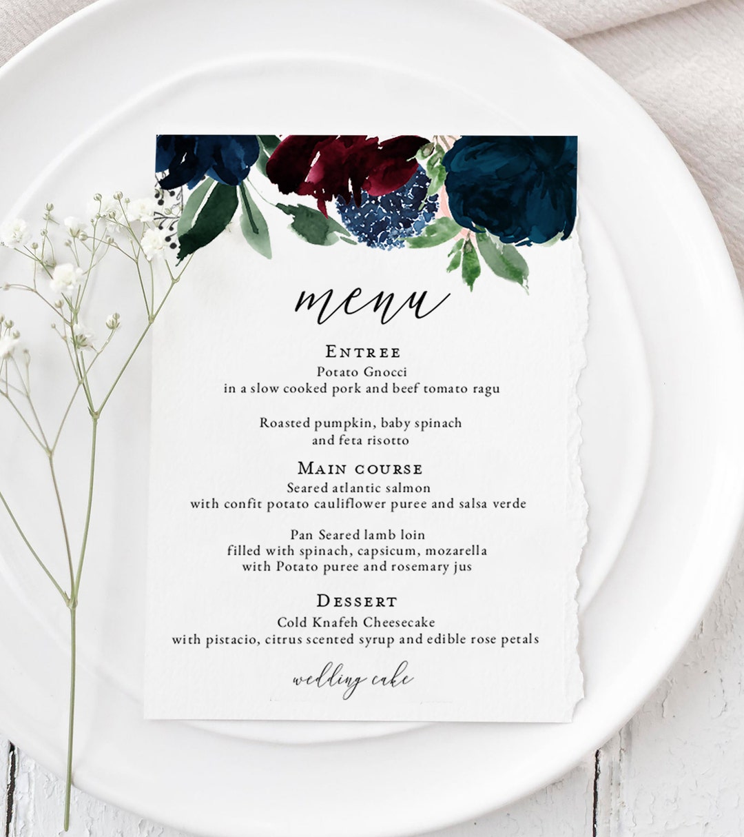 Navy Blue Menu Cards, Blue Menu Card Print, 100% Editable Wedding Menu ...