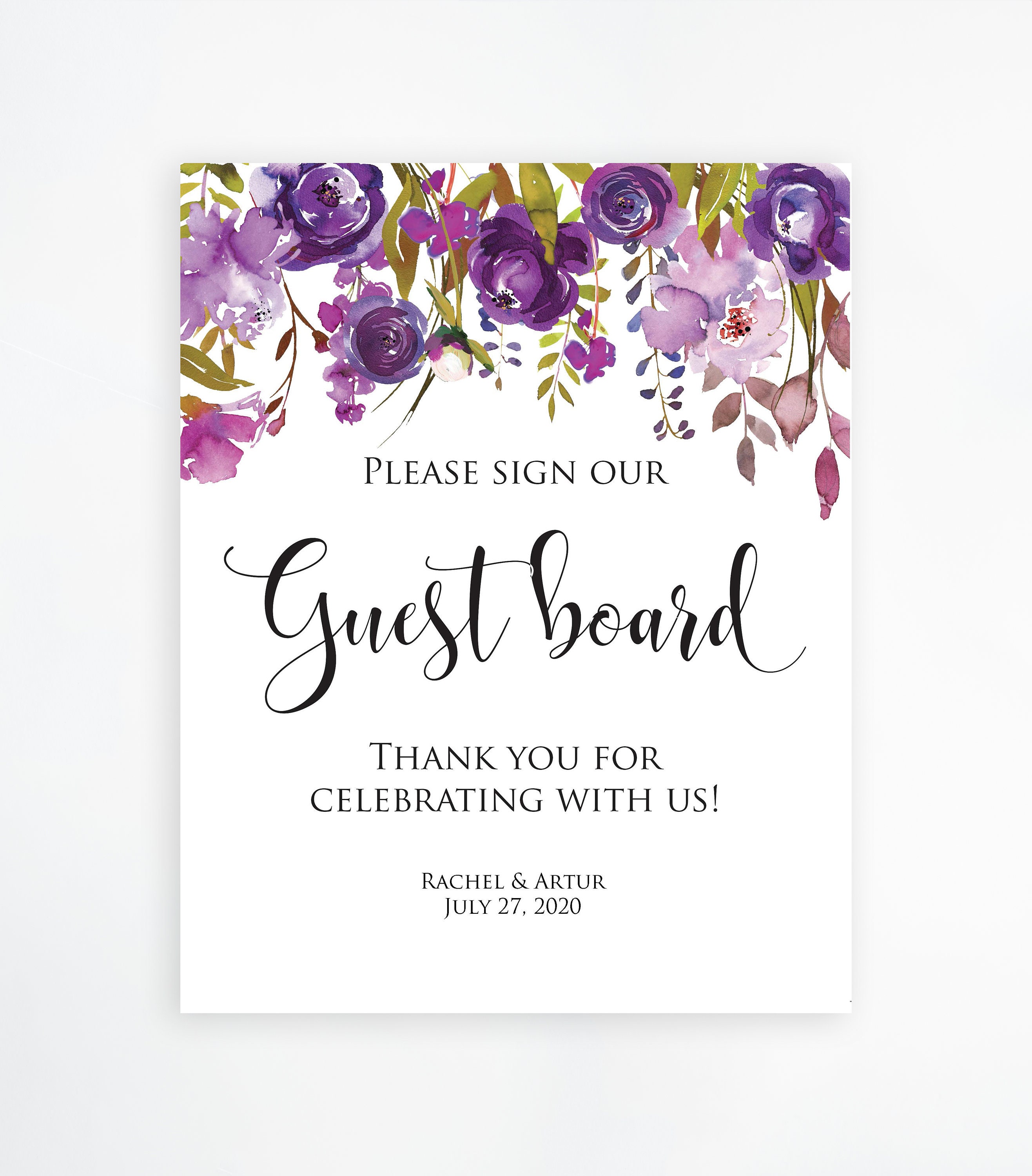 Guest Board Sign Purple Guest Book Floral Guest Board | Etsy